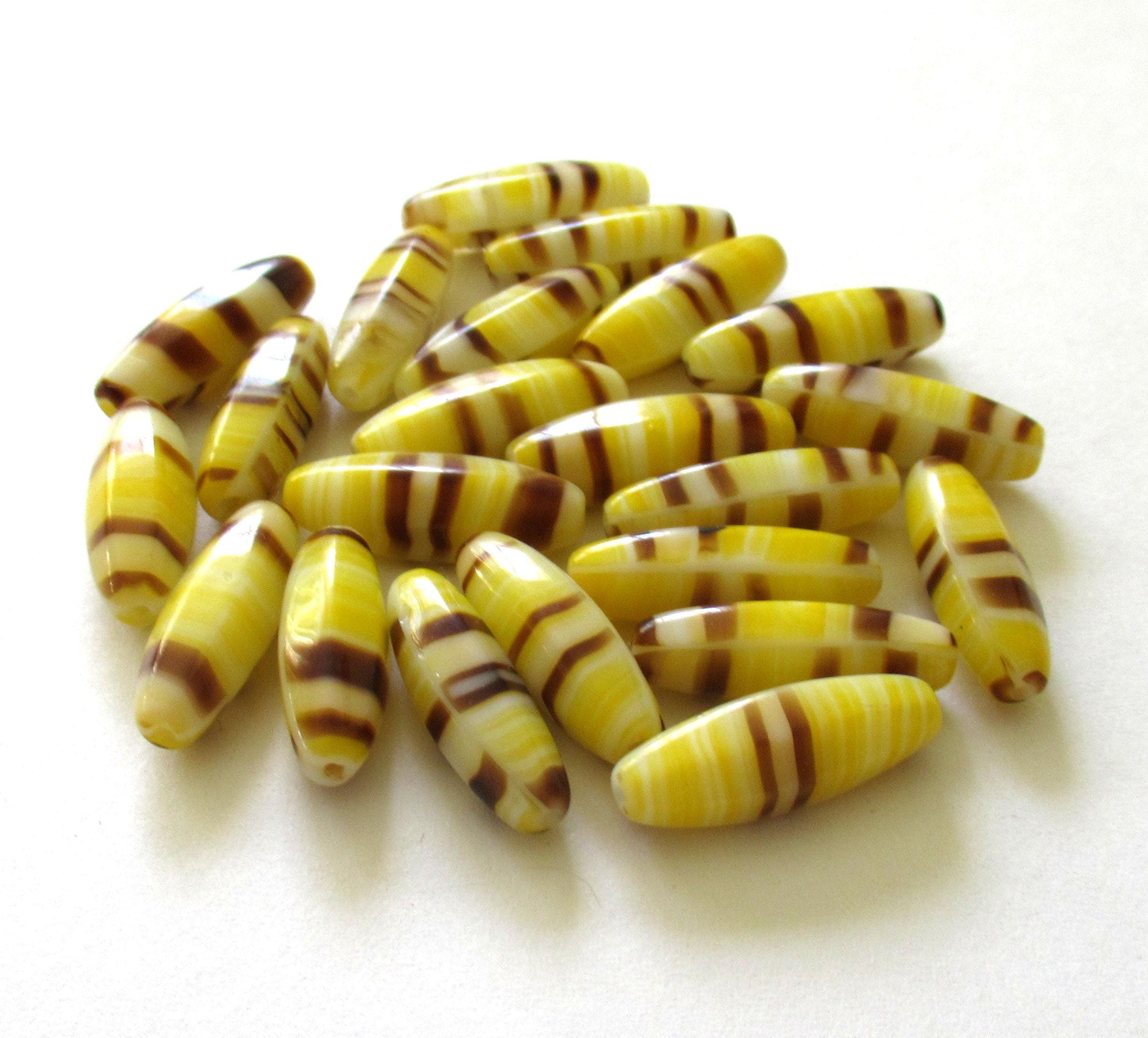 Large Czech glass tube beads - marbled yellow, brown & white striped ...